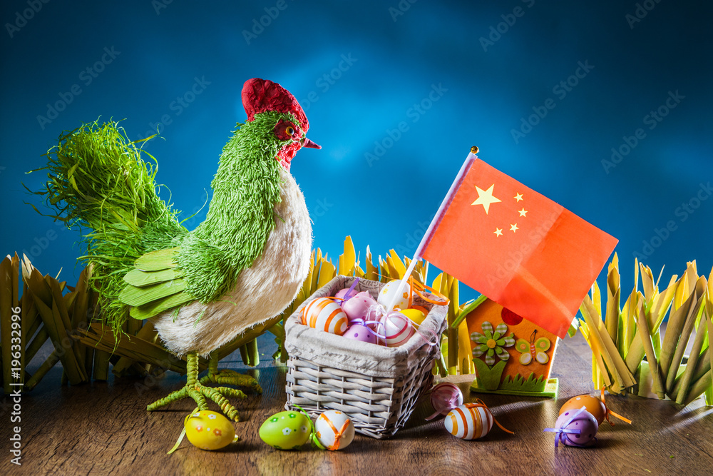 The Feast of Easter. Chicken with colorful eggs. Easter holiday in ...