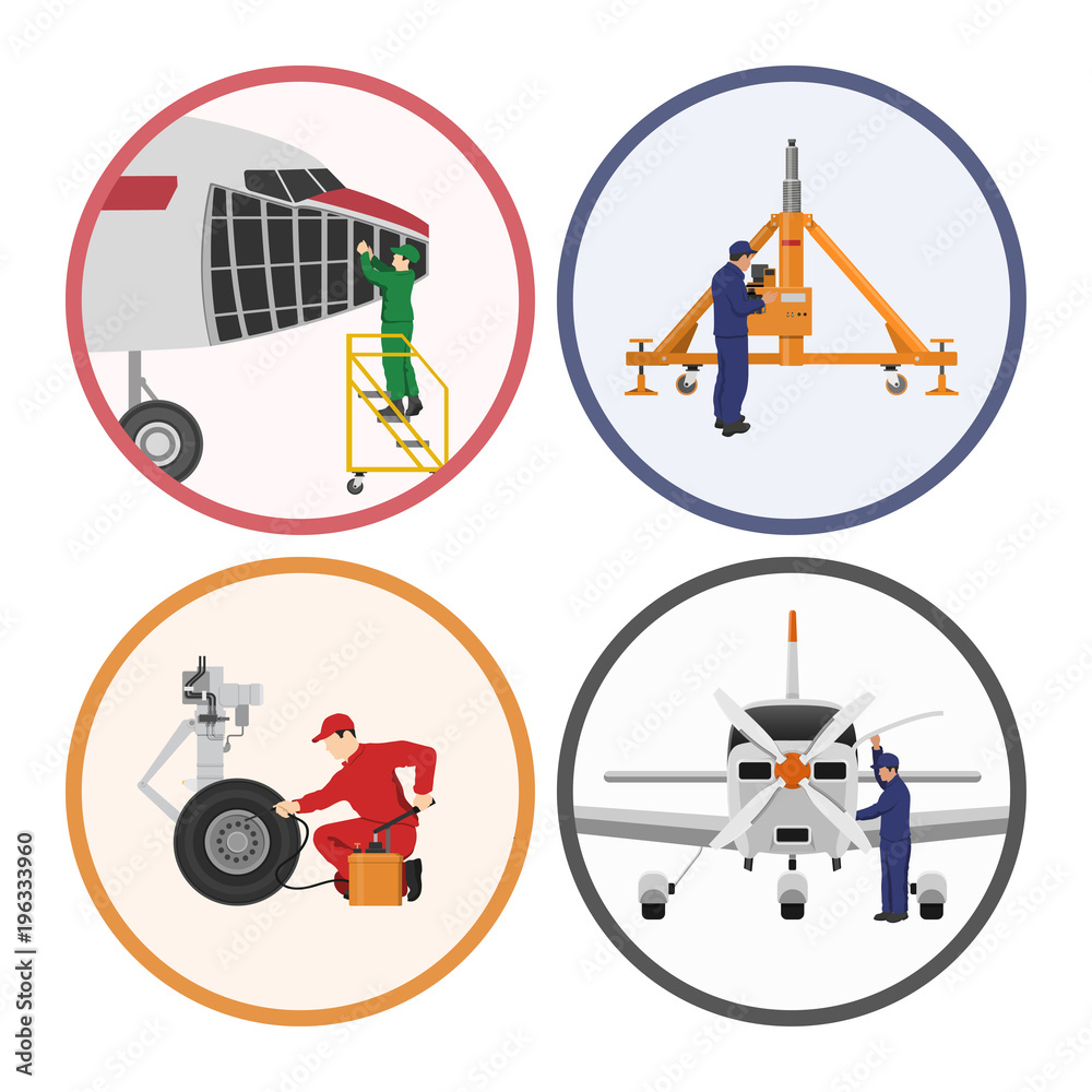 Repair and maintenance of aircraft. Engineers repairing airplane ...