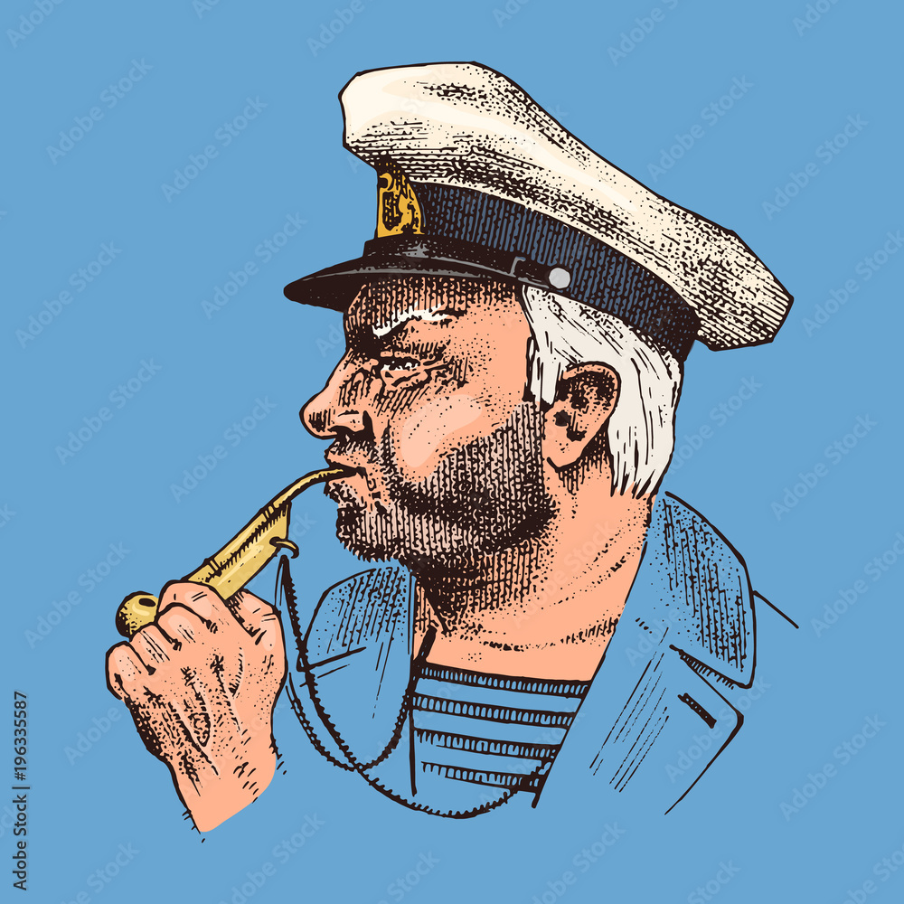 Boatswain with pipe. sea captain, marine old sailor or bluejacket ...