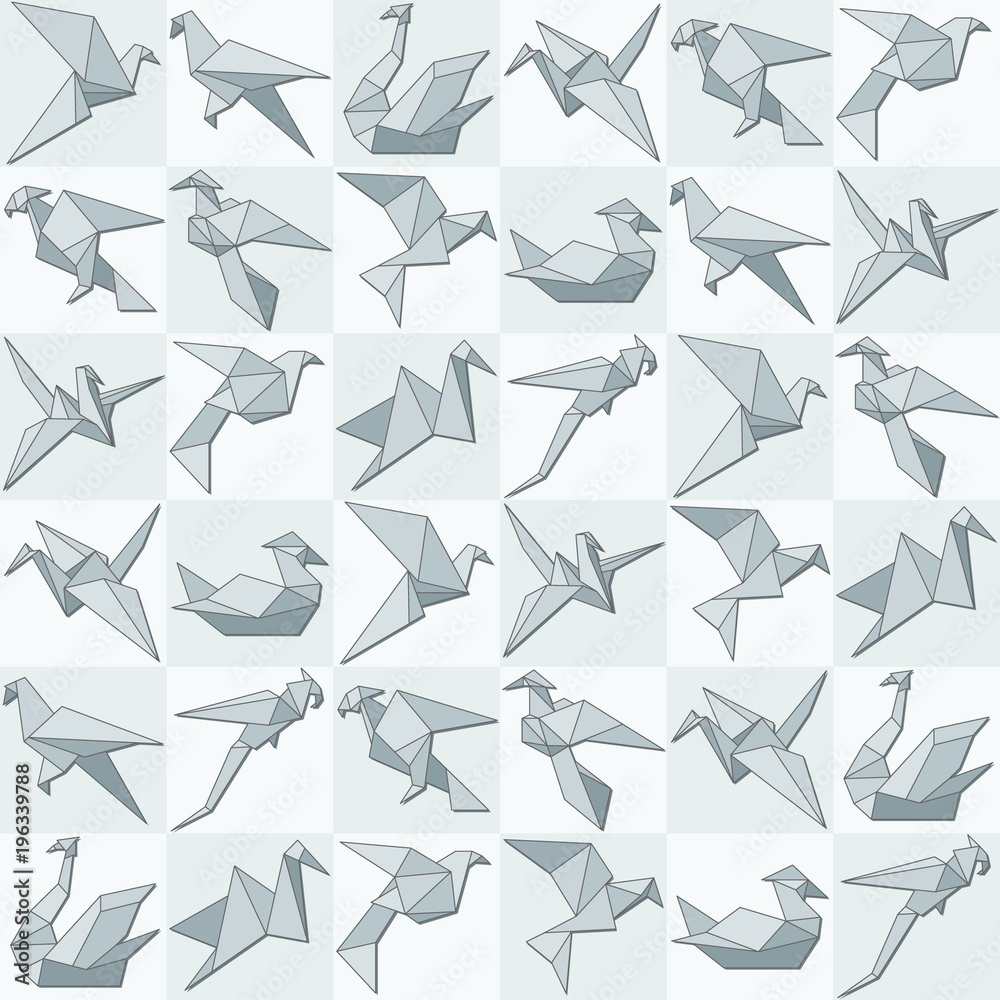 Set of 12 Origami birds. Seamless pattern with origami paper dove, duck ...