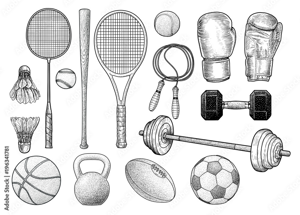 Sport equipments illustration, drawing, engraving, ink, line art ...