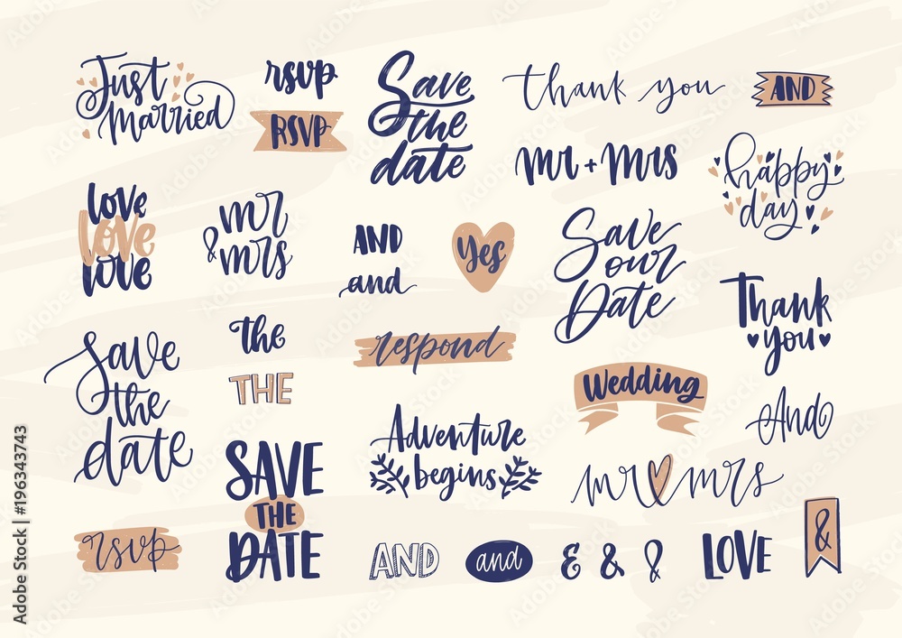 Collection of elegant wedding lettering or inscriptions handwritten ...