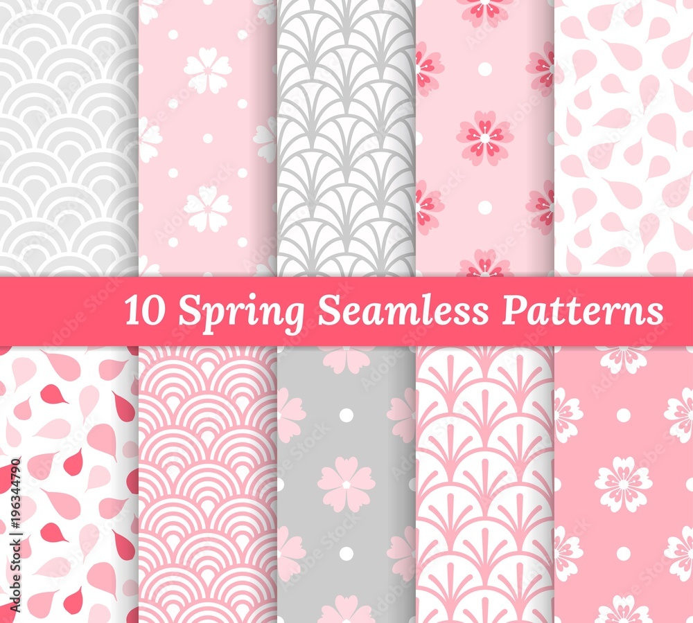 Ten spring seamless patterns. Pink and gray romantic backgrounds ...