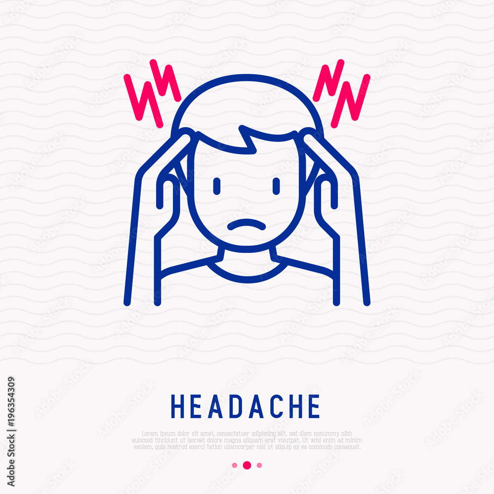 Headache, migraine thin line icon: man touches his head with his hands ...