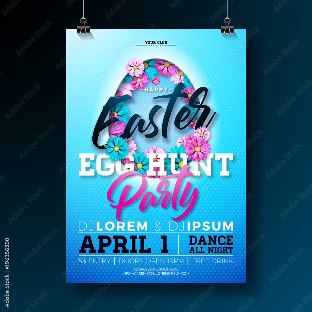 Vector Easter Egg Hunt Party Flyer Illustration with flowers in cutting ...