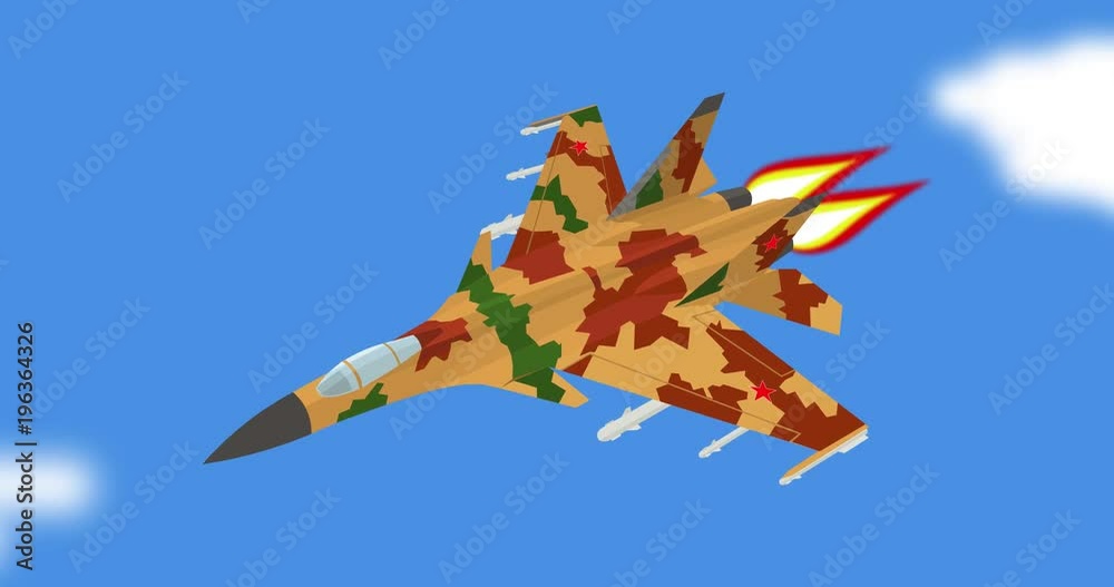 Cartoon russian (soviet) jet fighter fly in blue sky and launch ...