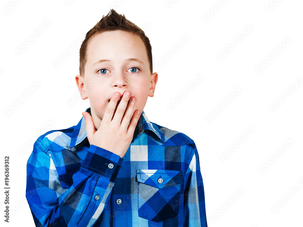 Close-up of emotional portrait of caucasian teen boy boy covered her ...