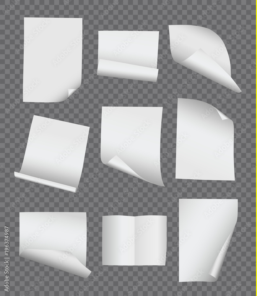 Vector collection of blank paper pages in different positions isolated ...