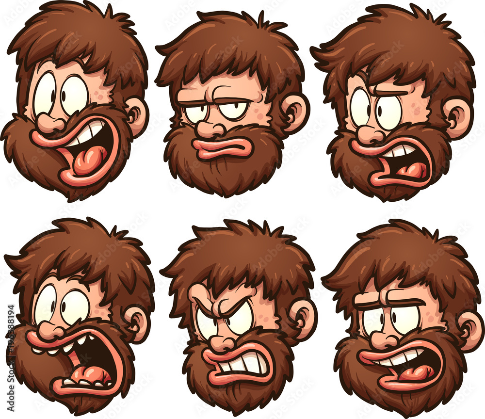 Vecteur Stock Cartoon caveman head with different expressions. Vector ...