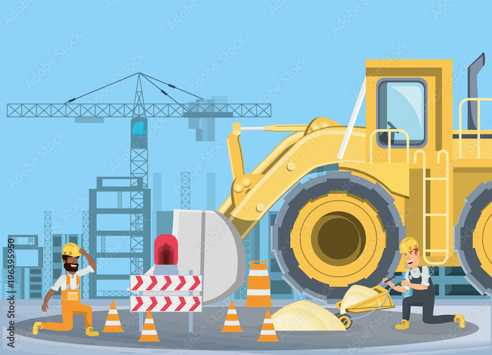 Under construction zone with builders and bulldozer truck over blue ...