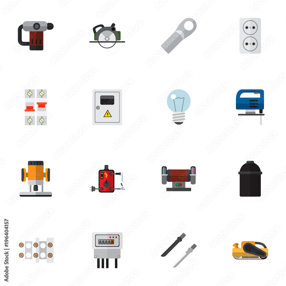 Set of 16 editable electrical icons flat style. Includes symbols such ...