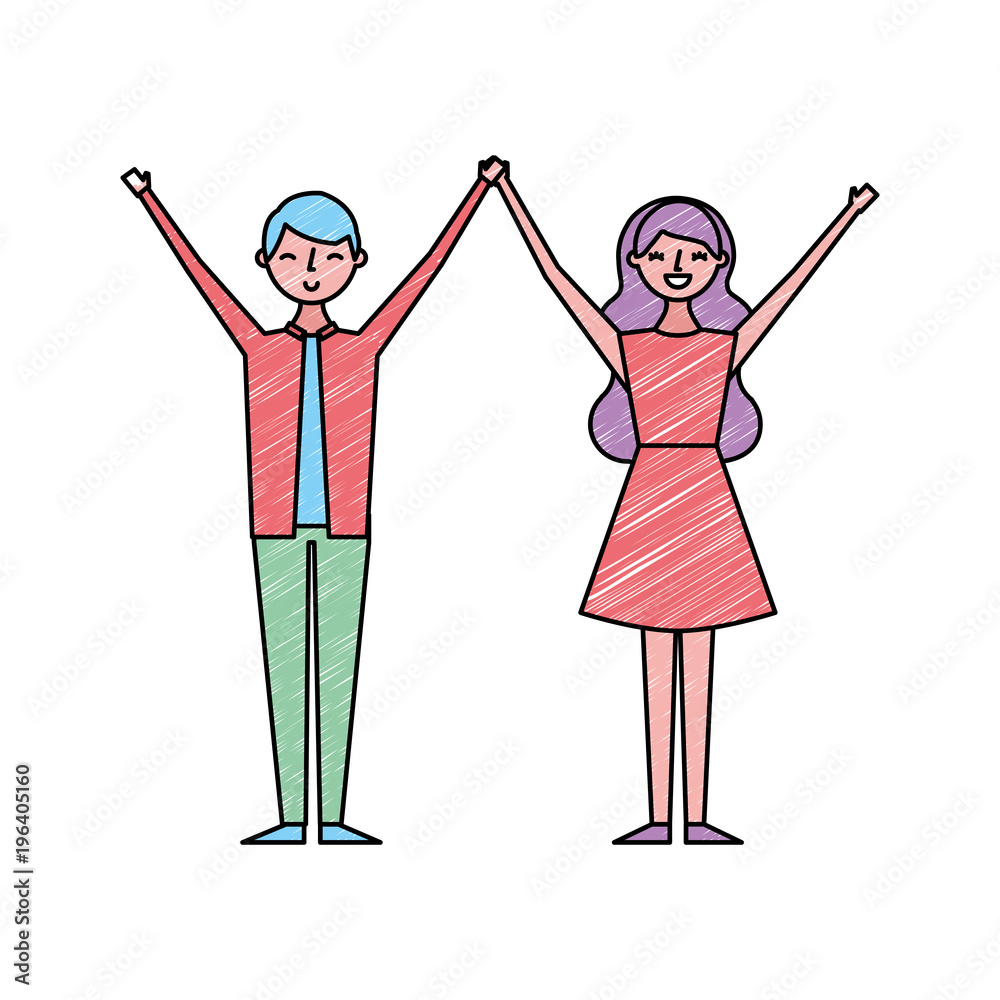 couple of young raised arms people characters vector illustration ...