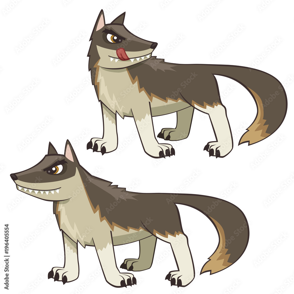 Mean Bad Wolf Cartoon Vector Illustration in Two Poses Isolated on ...