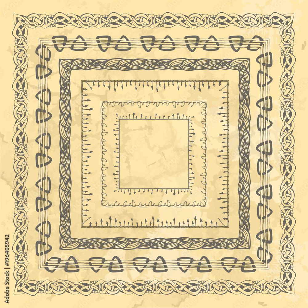 set of square stylized frameworks from hand drawing Scandinavian Viking ...