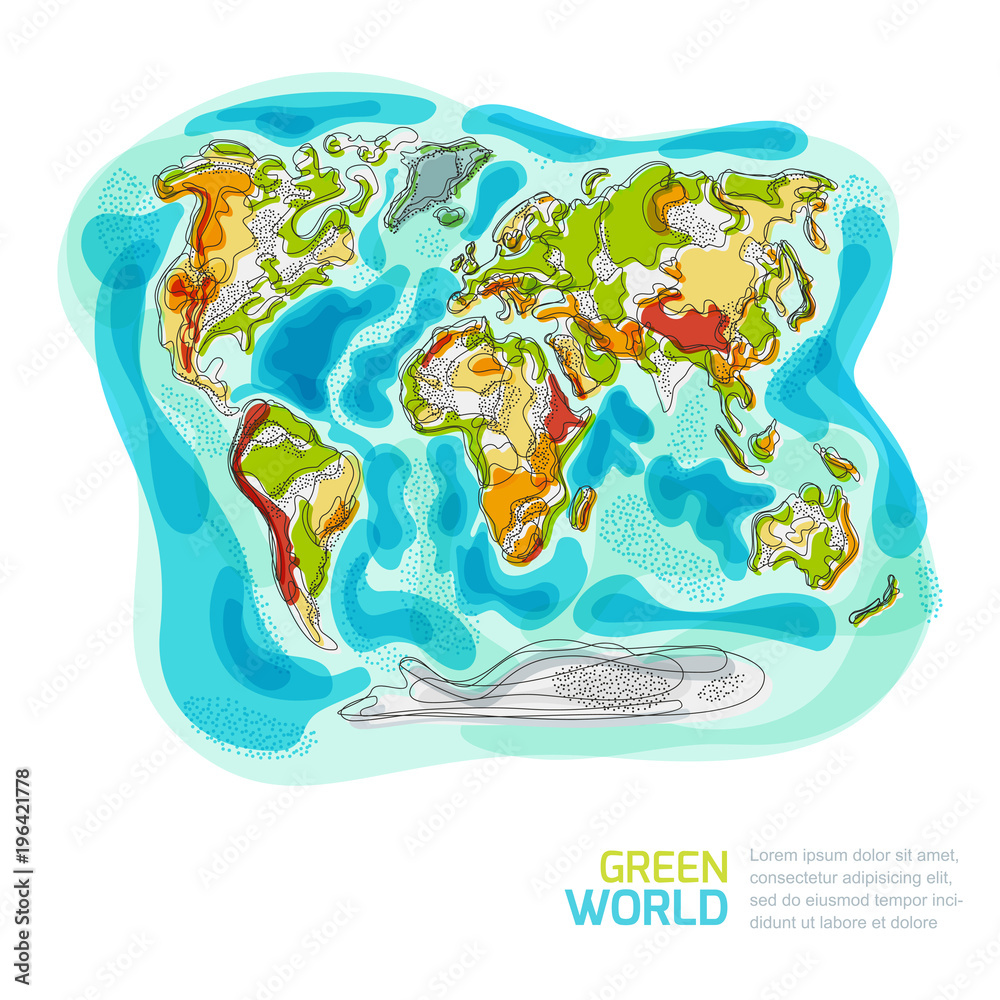 Vector abstract world map outline sketch. Doodle hand drawn isolated ...