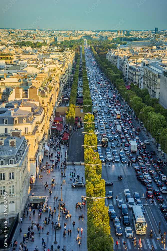 Champs Elysees Avenue. View from the top of the Arc de Triomphe. Paris ...