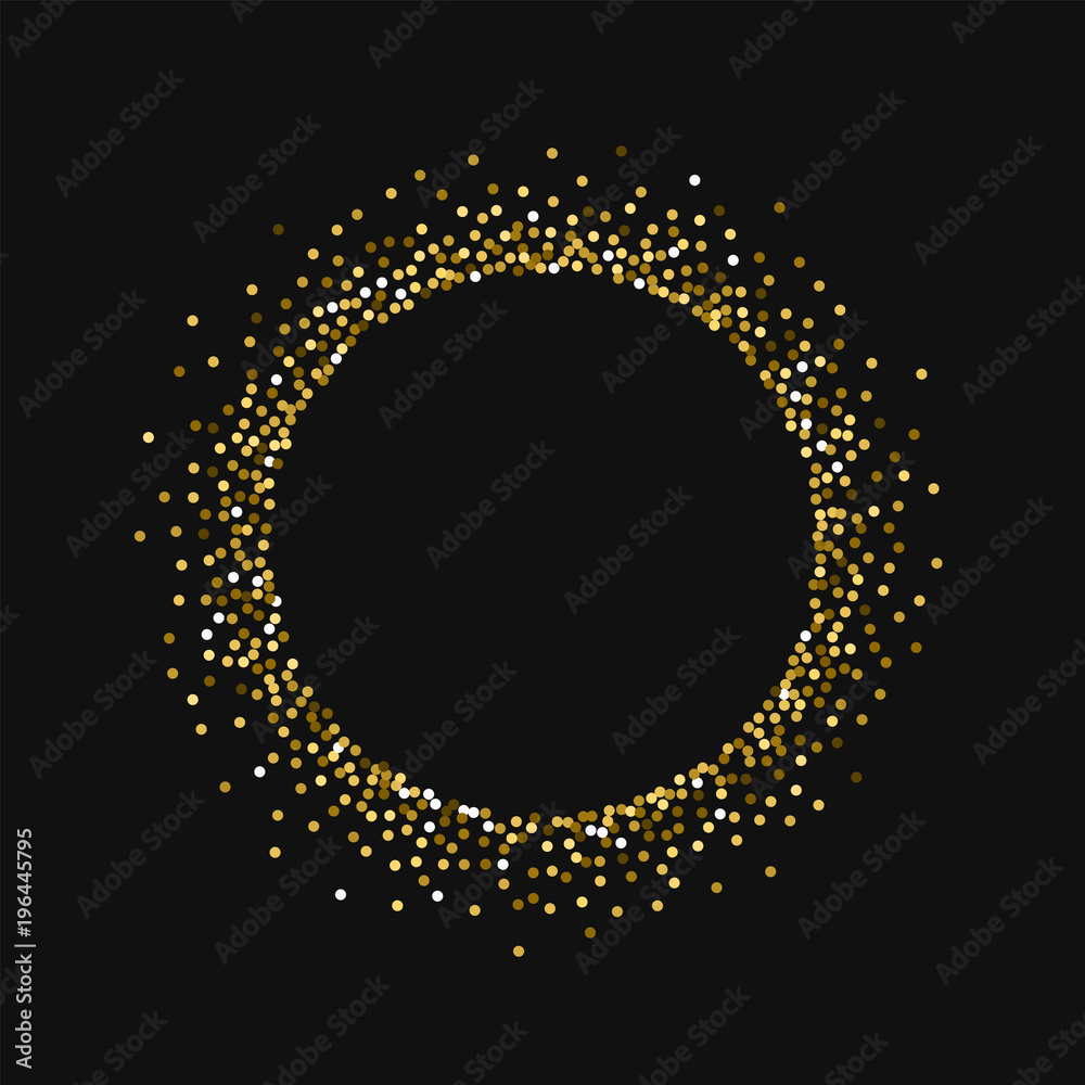 Round gold glitter. Small round shape with round gold glitter on black ...