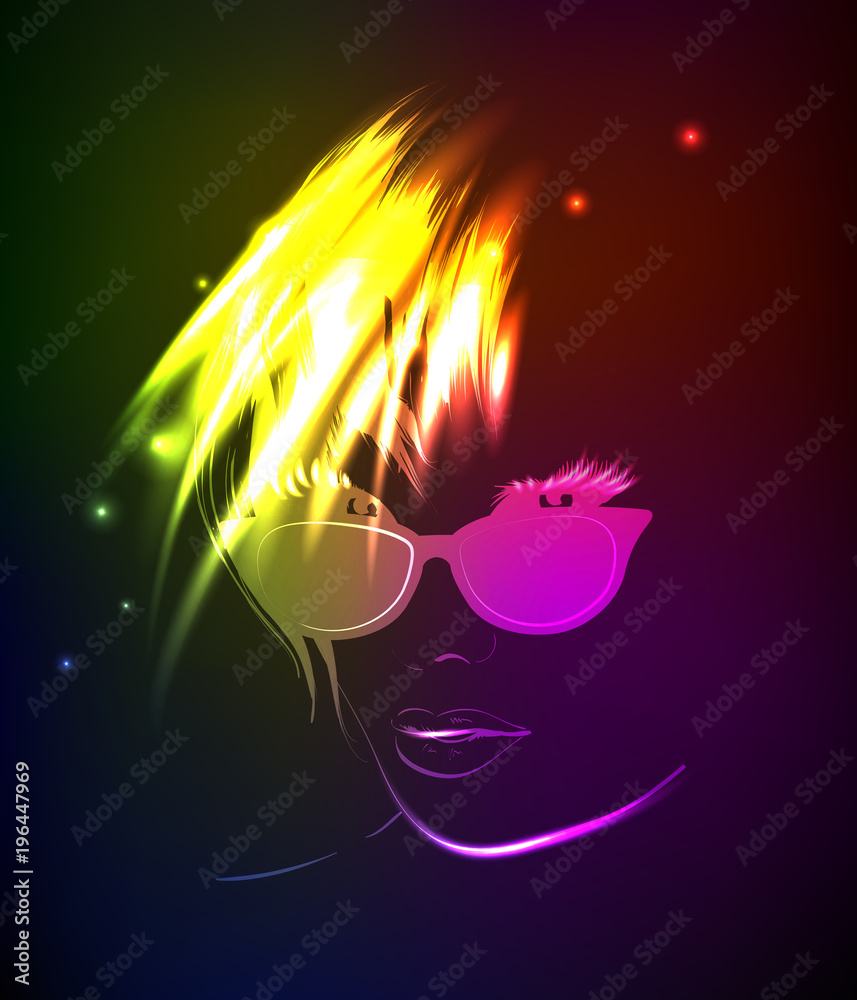 Hand-drawn fashion model from a neon. Vector illustration. A light girl ...