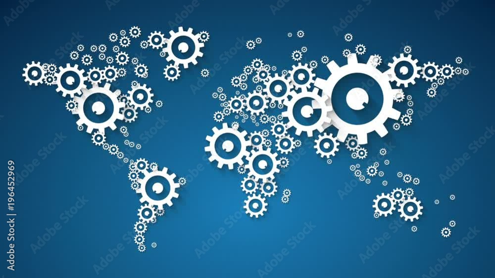 abstract world map, global cooperation with cog wheel on blue ...
