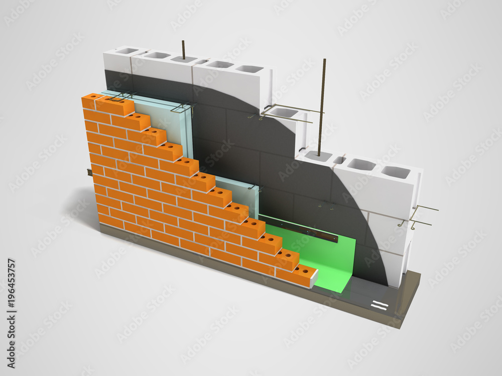 Modern layout of the construction of warm walls with stone and bricks ...