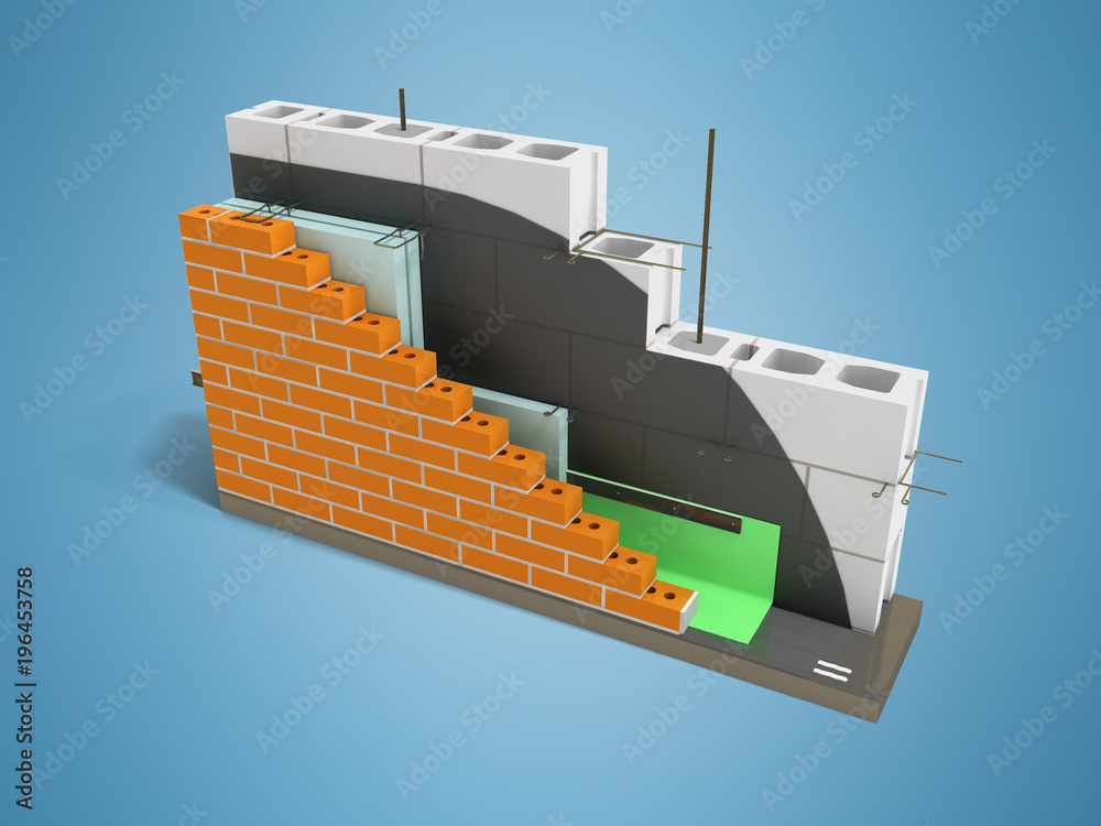 Modern layout of the construction of warm walls with stone and bricks ...