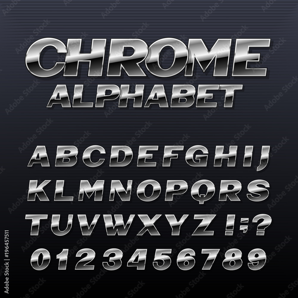 Chrome effect alphabet font. Metal numbers, symbols and letters. Stock ...