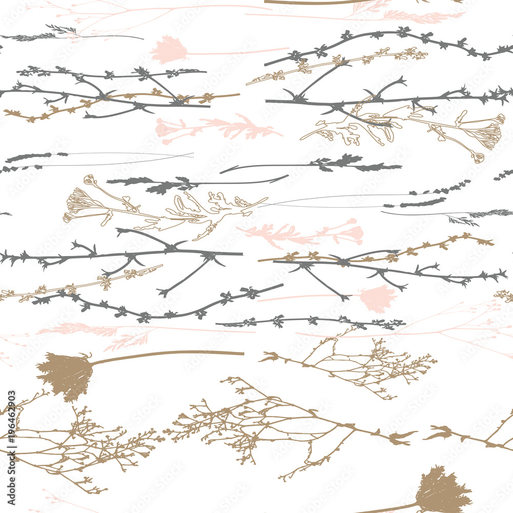Meadow grasses, herbs and flowers outlines vector seamless pattern ...