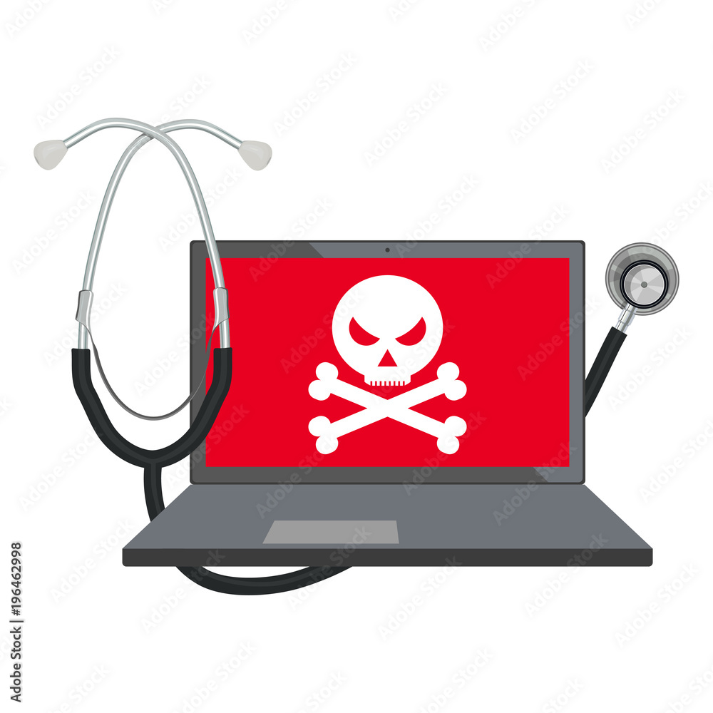 Сomputer virus. Virus destroying computer. Skull on the screen. Vector ...