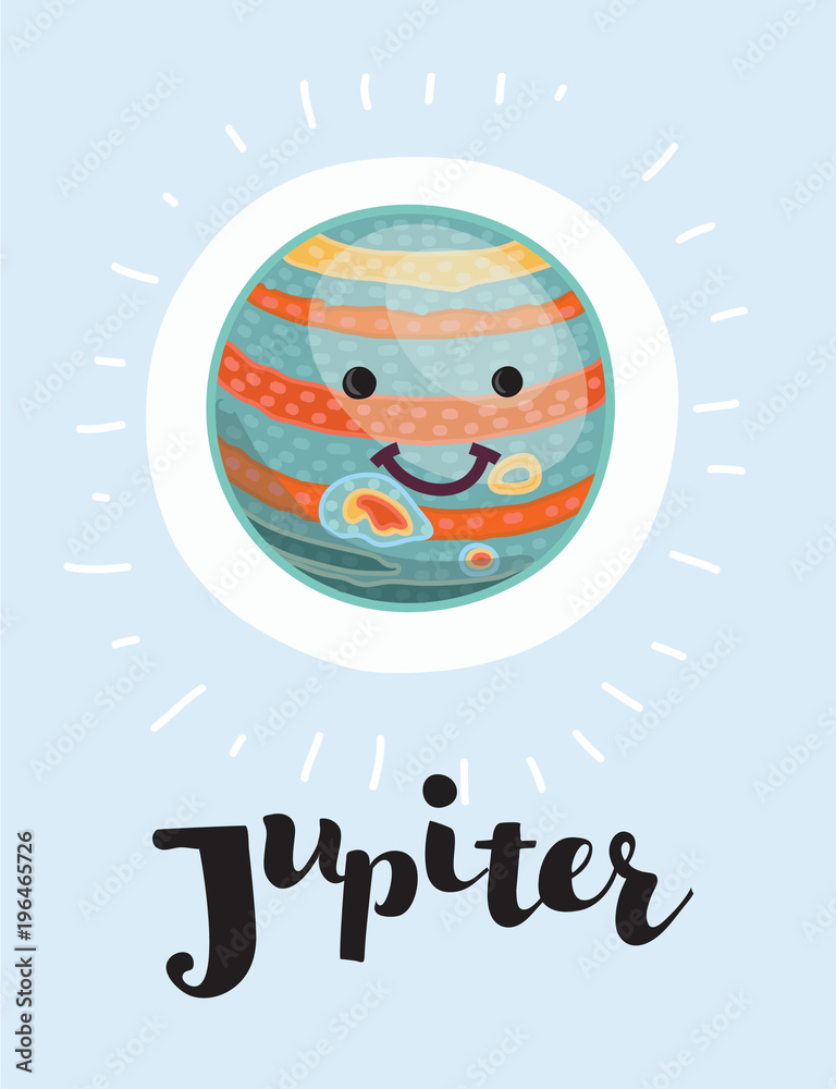 Cartoon Jupiter with lightning, planet, vector character, Solar system ...