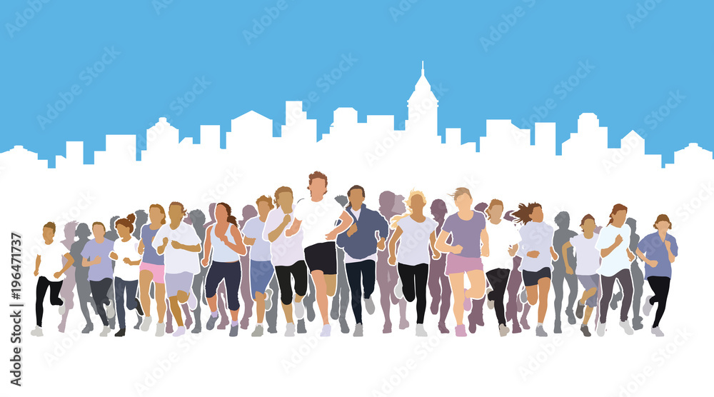 Running people. Front view of the crowd of young people running in the ...