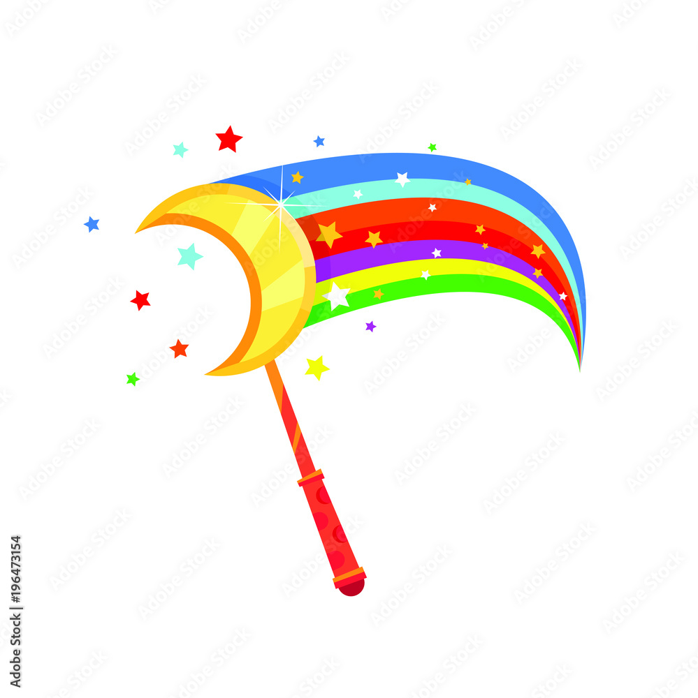 Magic stick moon with many stars and colorful rainbow, vector flat ...