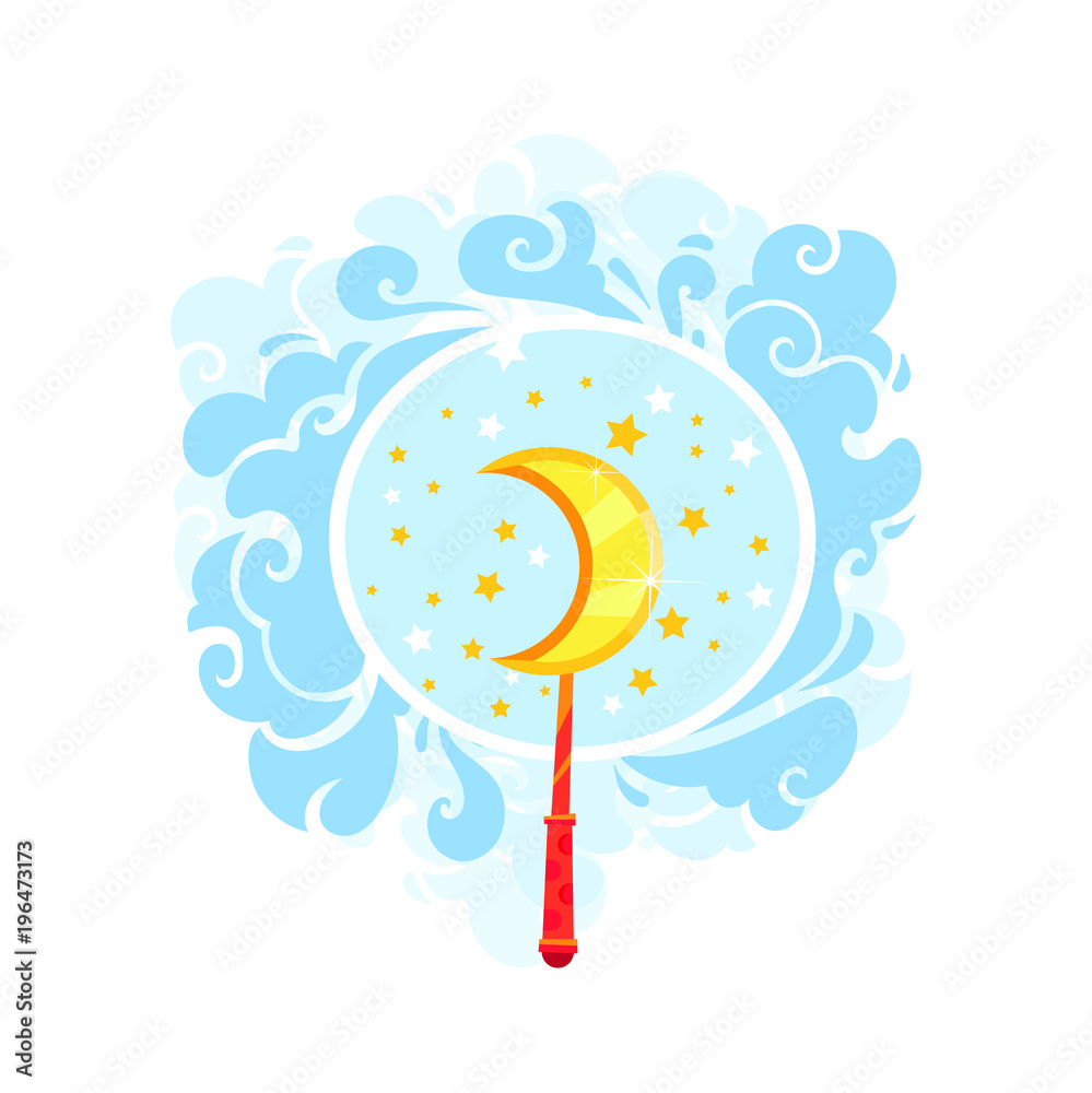 Magic stick moon with many stars and blue clouds, vector flat cartoon ...