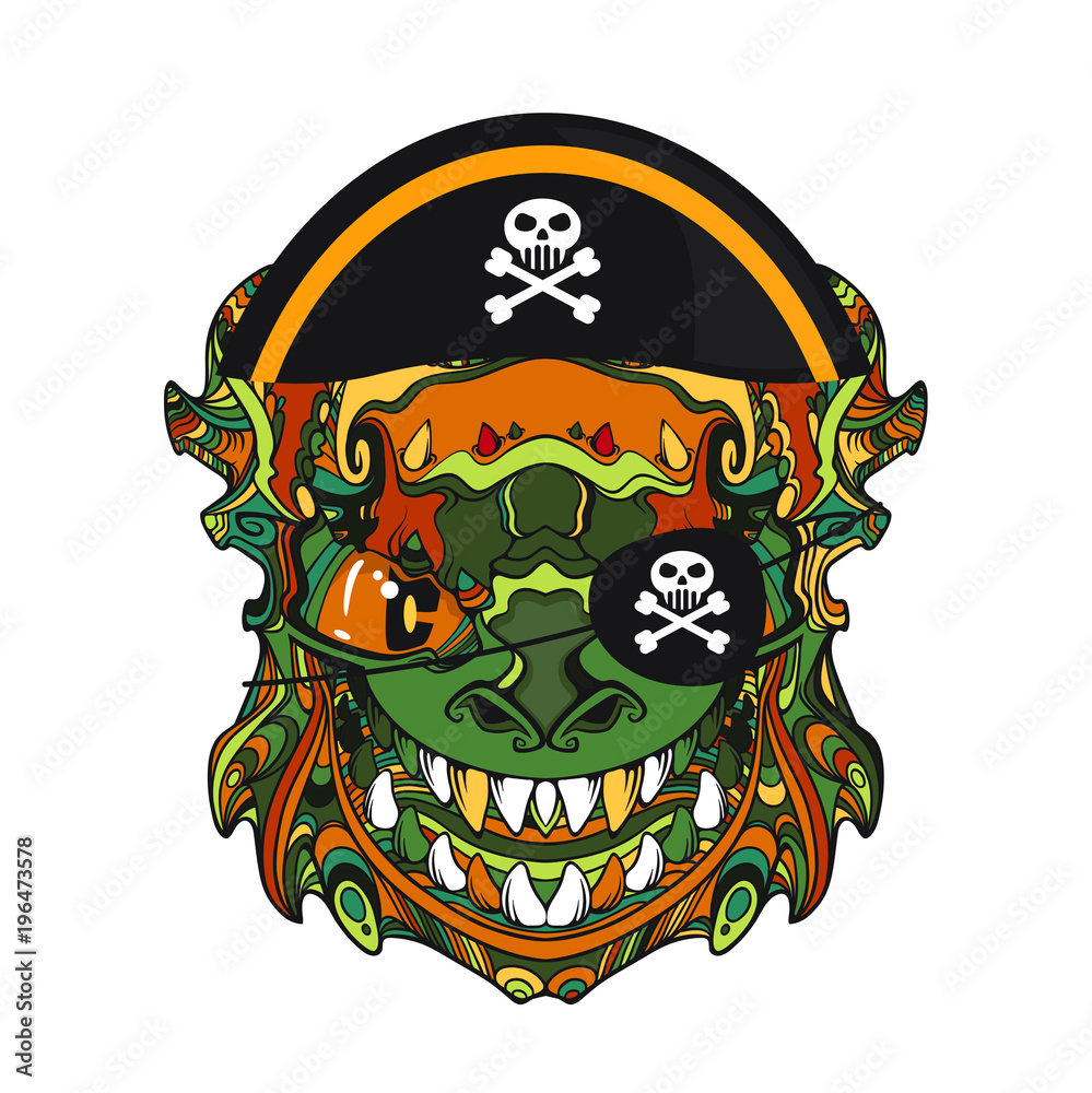 Ornament face in line art of pirate monster with many teeth, vector ...