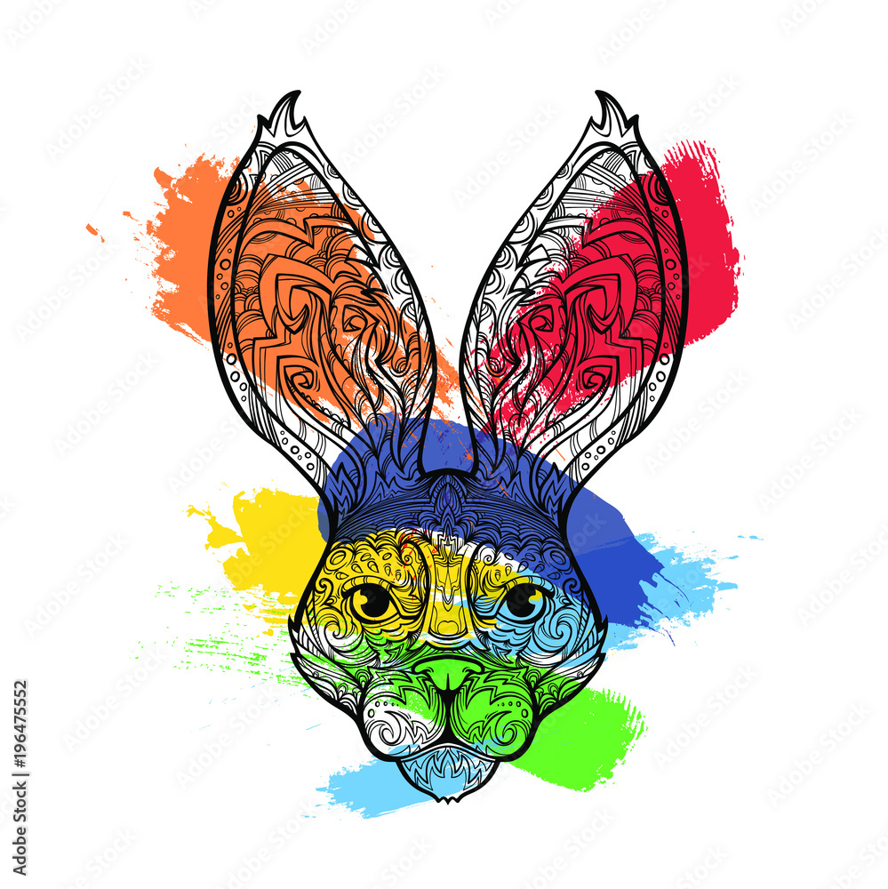 Ornament face of bunny, rabbit in line art style, color pain on back ...