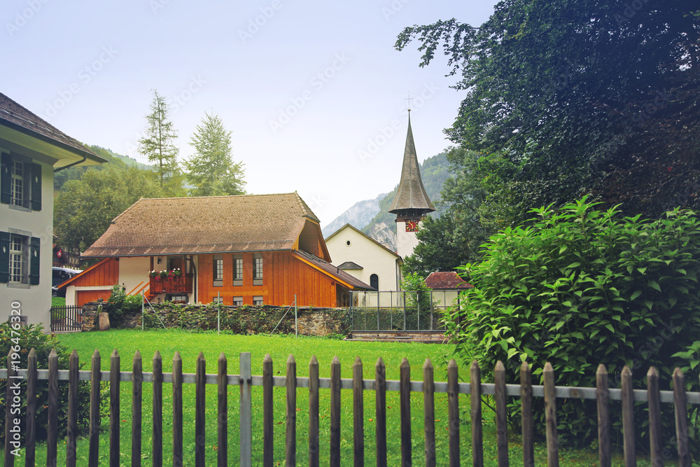 Ancient historical church in an alpine village in Switzerland, a ...