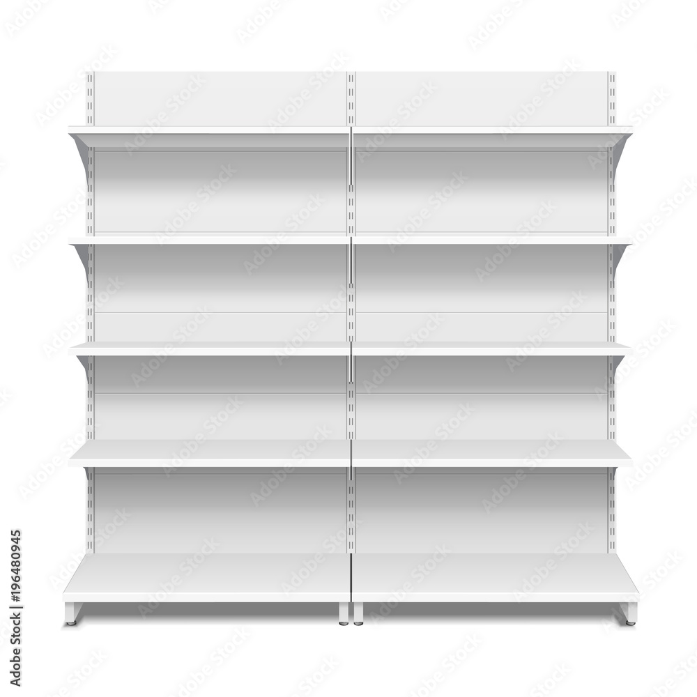 Blank Empty Showcase Display With Retail Shelves. 3D. Front View. Mock ...