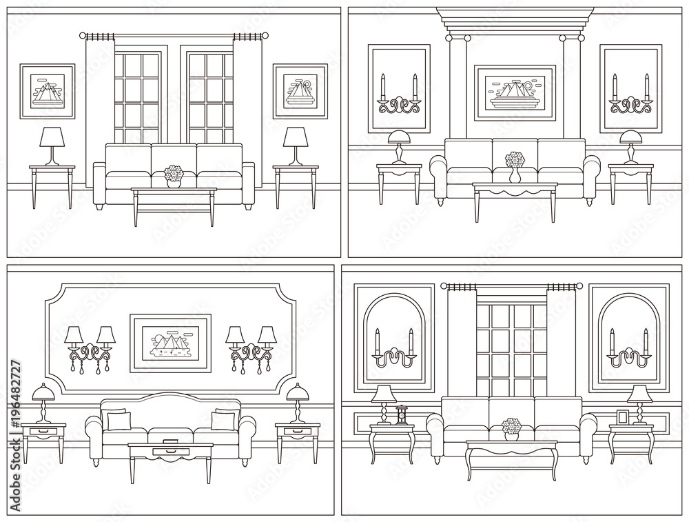 Room interior. Vector living room. Set interiors. Home line art flat ...