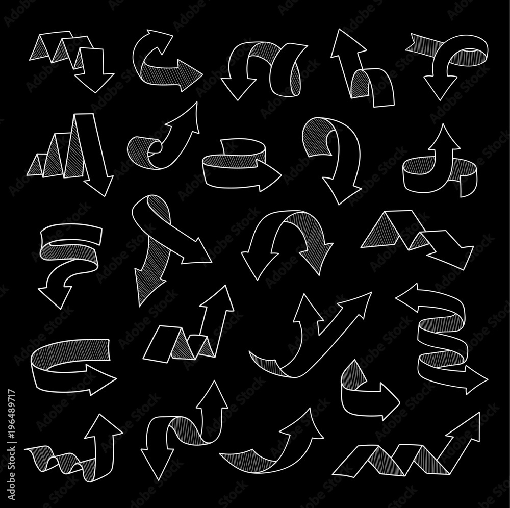 Shaded arrows on black background. Hand-drawn, hatching, outline ...