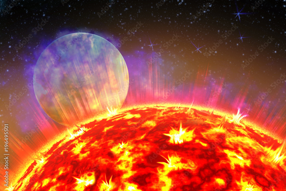 Sun and Earth in the depths of space. Scheme of solar radiation and ...