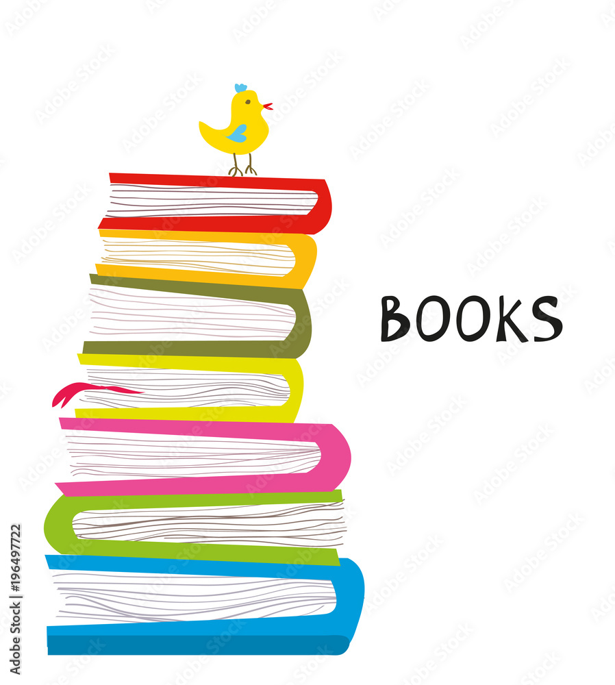 Books pile and bird illustration, cartoon style in vector graphic for ...