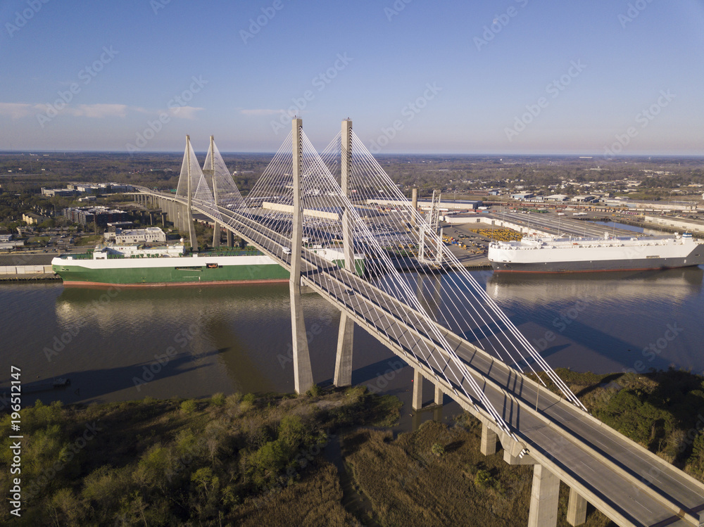 Aerial view of Talmadge bridge, a suspension bridge over the Savannah River in Georgia. foto de ...