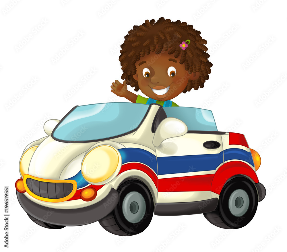 cartoon scene with happy child - girl in toy ambulance car on white ...