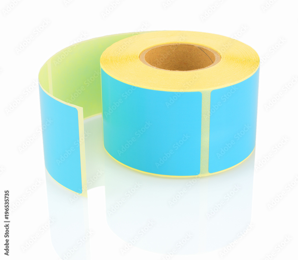 Blue label roll isolated on white background with shadow reflection ...