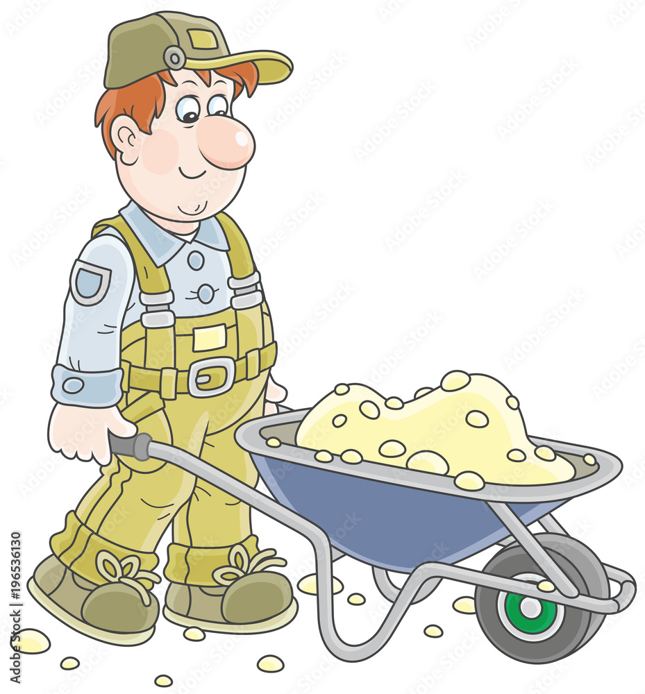 Smiling worker carrying sand in a wheelbarrow, a vector illustration in ...