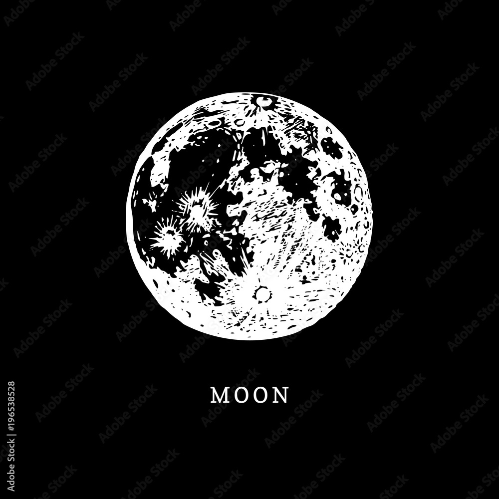 Moon image on black background. Hand drawn vector illustration Stock ...