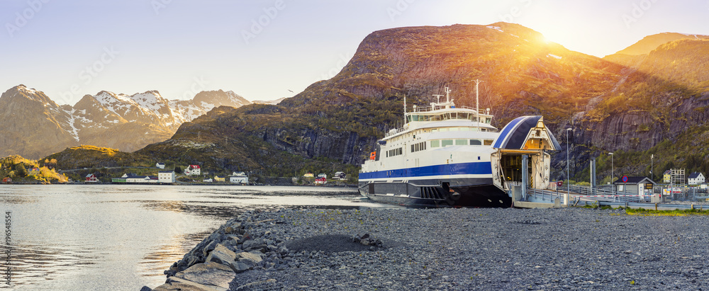 Ferry arrival and unloading in Moskenes, Lofoten Islands, Norway Stock ...