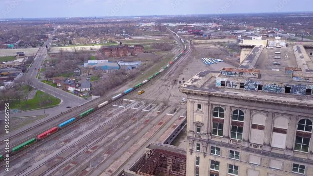 Sweeping aerial of the exterior of the abandoned central train station ...