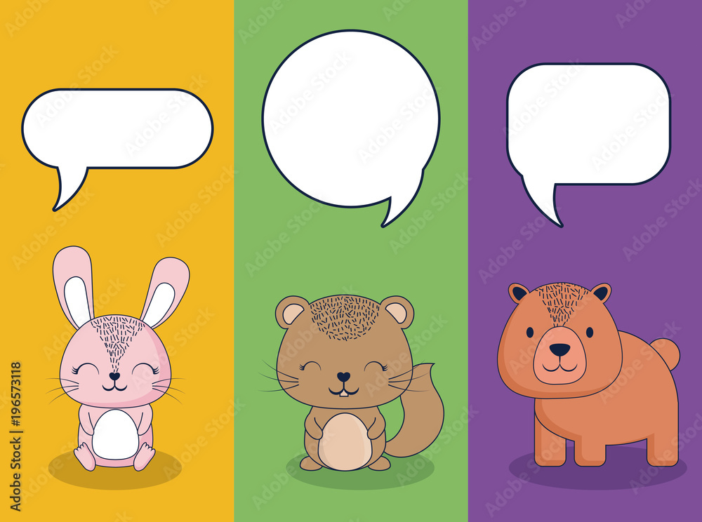 Cute animals with speech bubbles over colorful background, vector ...