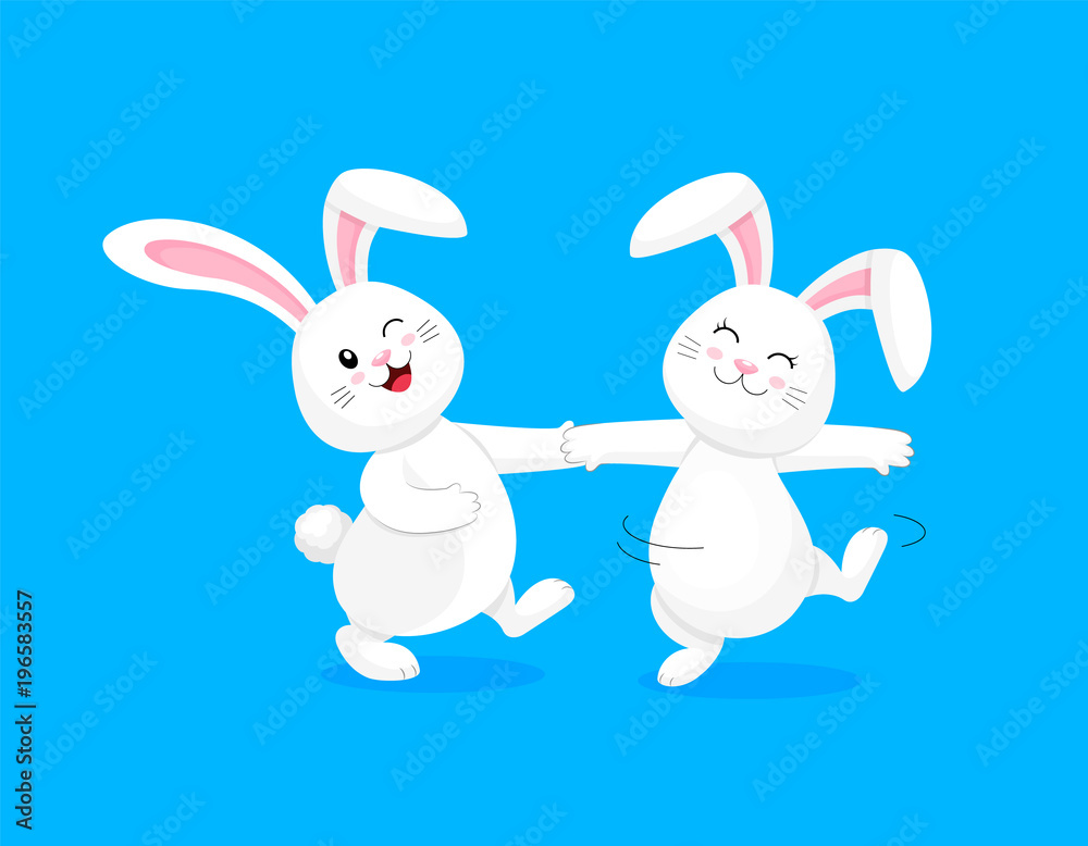 White rabbit dancing. Cute bunny, Happy Easter day, cartoon character ...