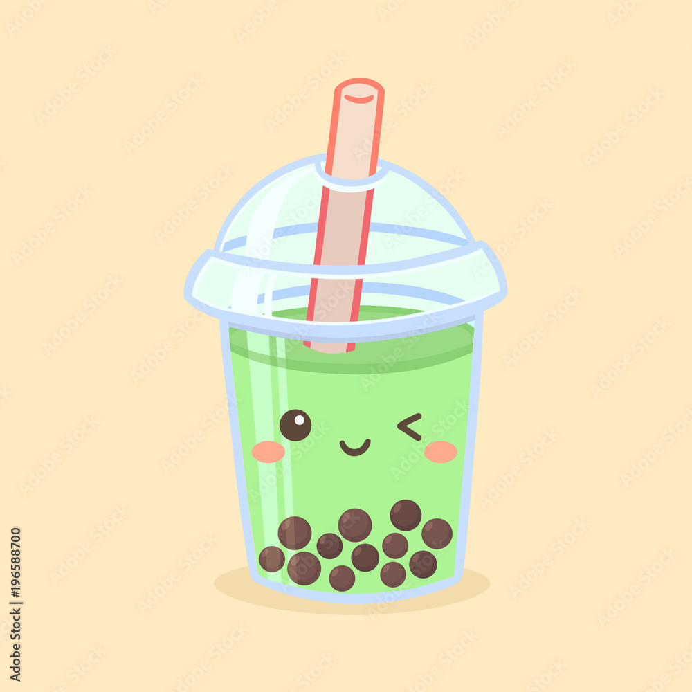 Cute Boba Bubble Green Tea Drink Plastic Glass Vector Illustration ...